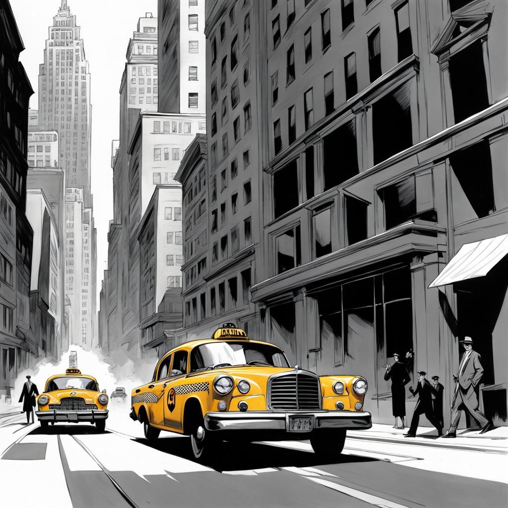 spy movie taxi CHASING gritty cityscape, perspective drawing, COMIC ...