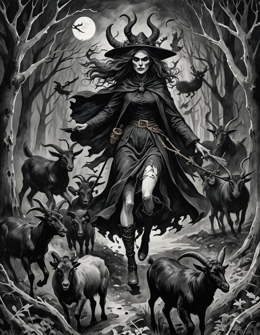 black and white folk-horror beautiful puritan new-england witch with ...