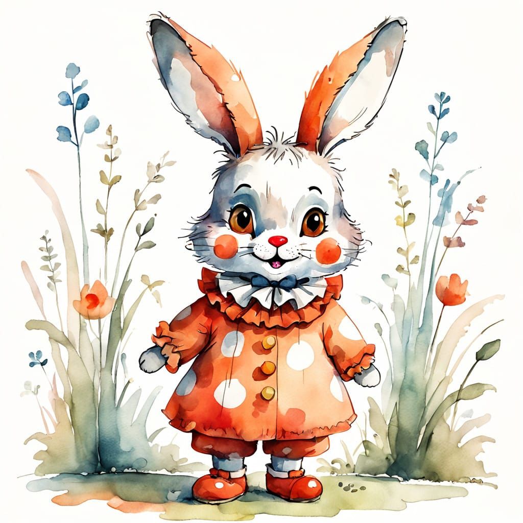 Delightful Bunny Cub in Clown Attire, Watercolor S... - AI Art