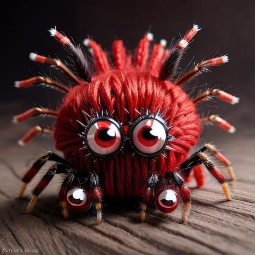 Cute and fluffy tiny red baby spider. knitted yarn. wool. fluffy ears ...