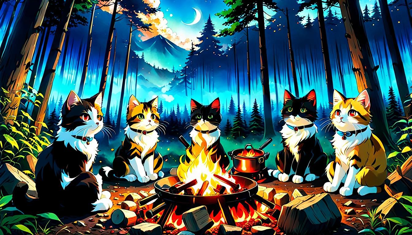 Fluffy cats sitting around a campfire in a forest - AI Generated ...