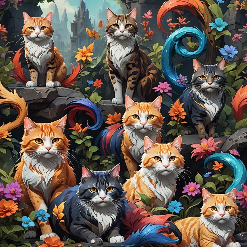 acute 3 cats with long colorful tail and adragon beside : r/nightcafe