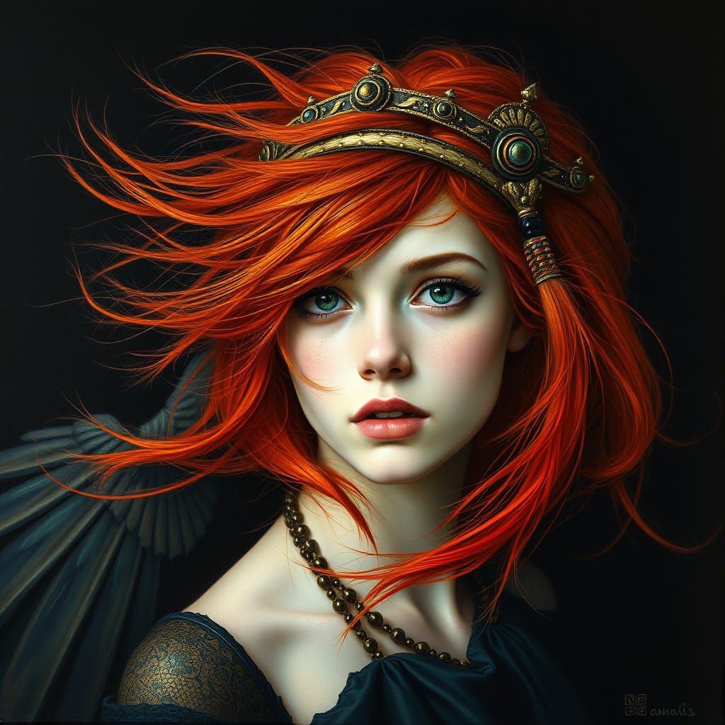 Red - Ethereal Red-Haired Woman in Mystical Realm
