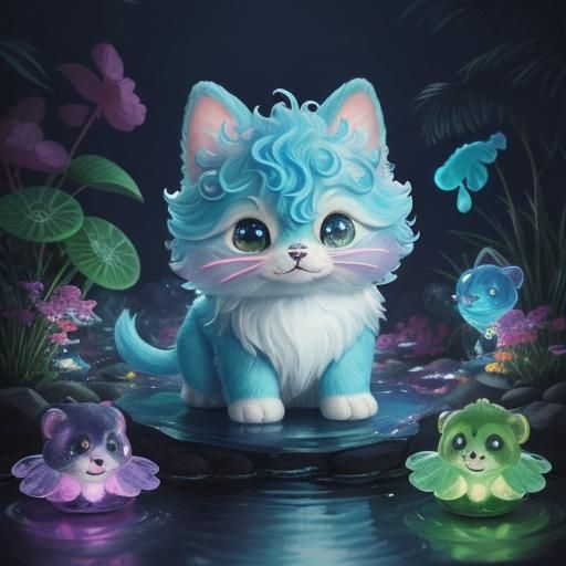 adorable cute chibi baby furry Puppy with a bioluminescent Waterfall in ...