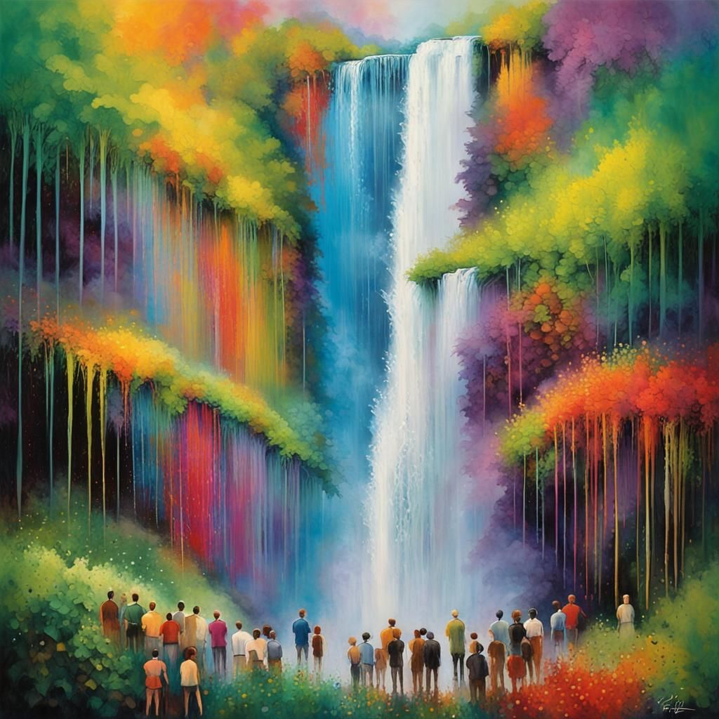 A 1000 foot multilevel colored waterfall with people watchi g from the ...