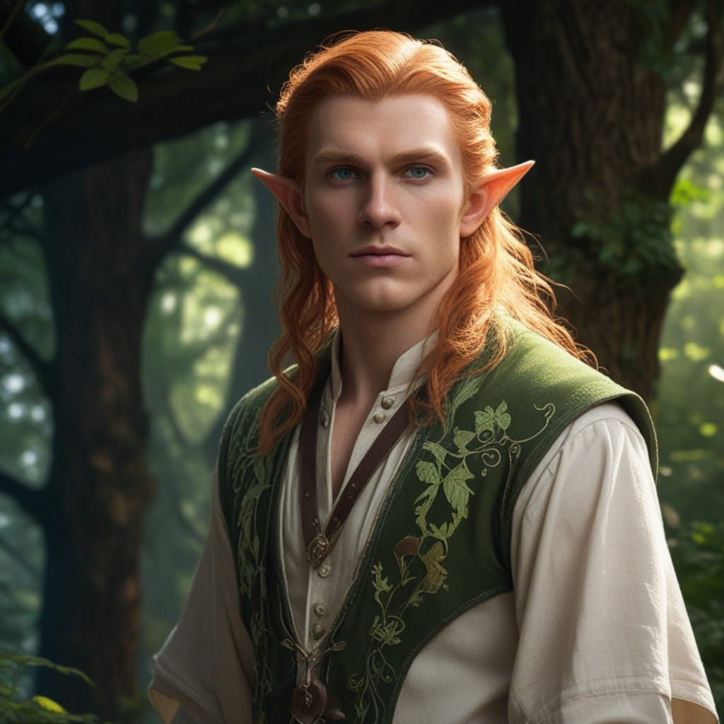 Young Elf Man Portrait in Vibrant Forest Scene - AI Art