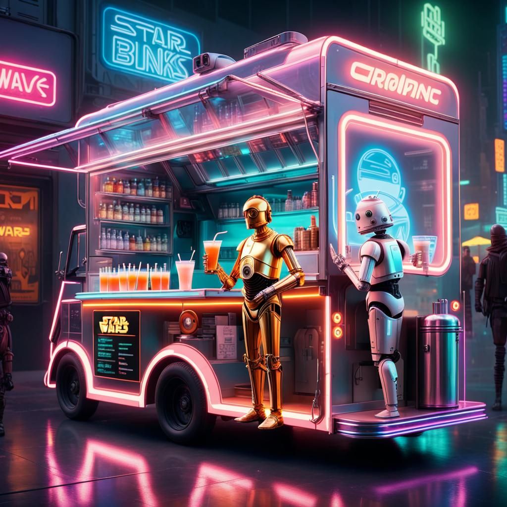Futuristic city, a fully transparent glass food truck, Star-Wars droids C-3PO and BB-8 holding ...