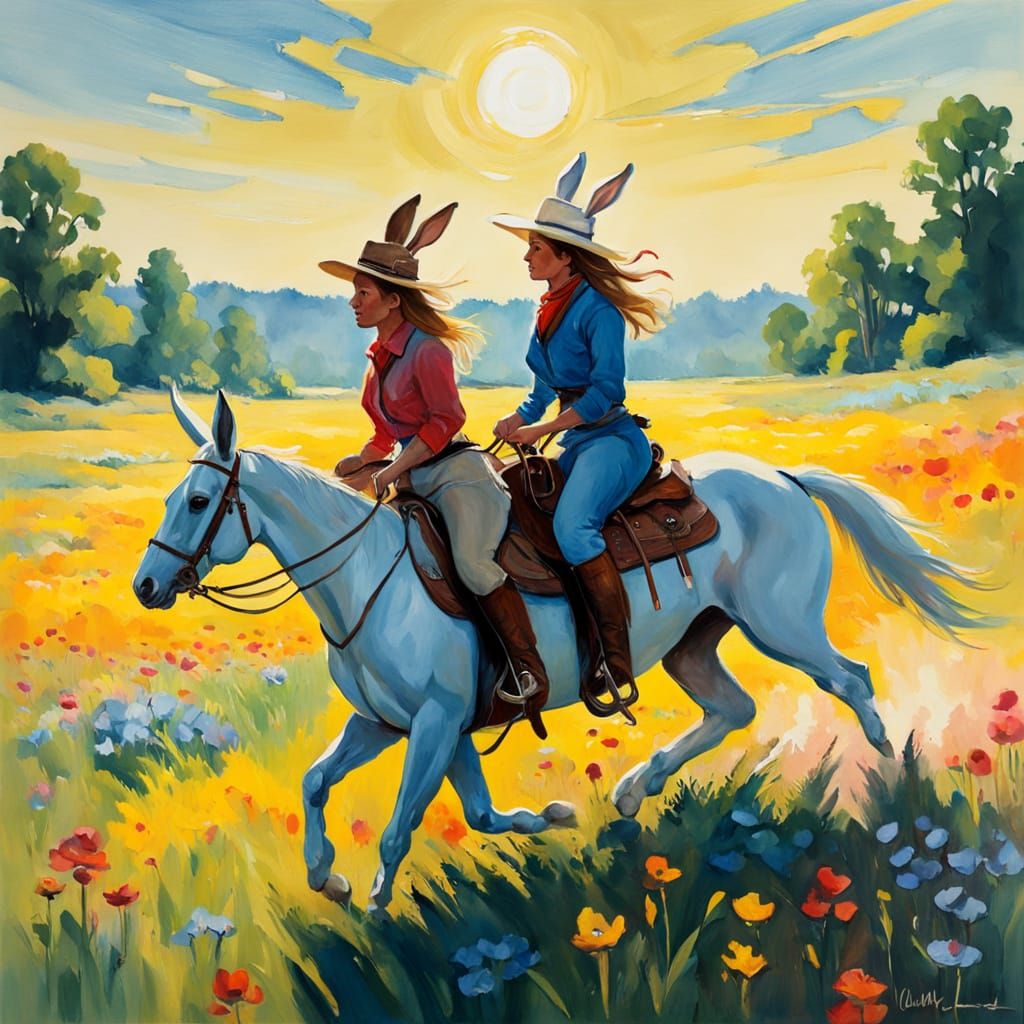 Cowgirls Riding Horses - Epic Gouache Masterpiece: Cowboy an...