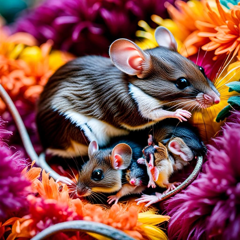 Photograph, Macro, a mama mouse nursing her newborn mice laying in ...
