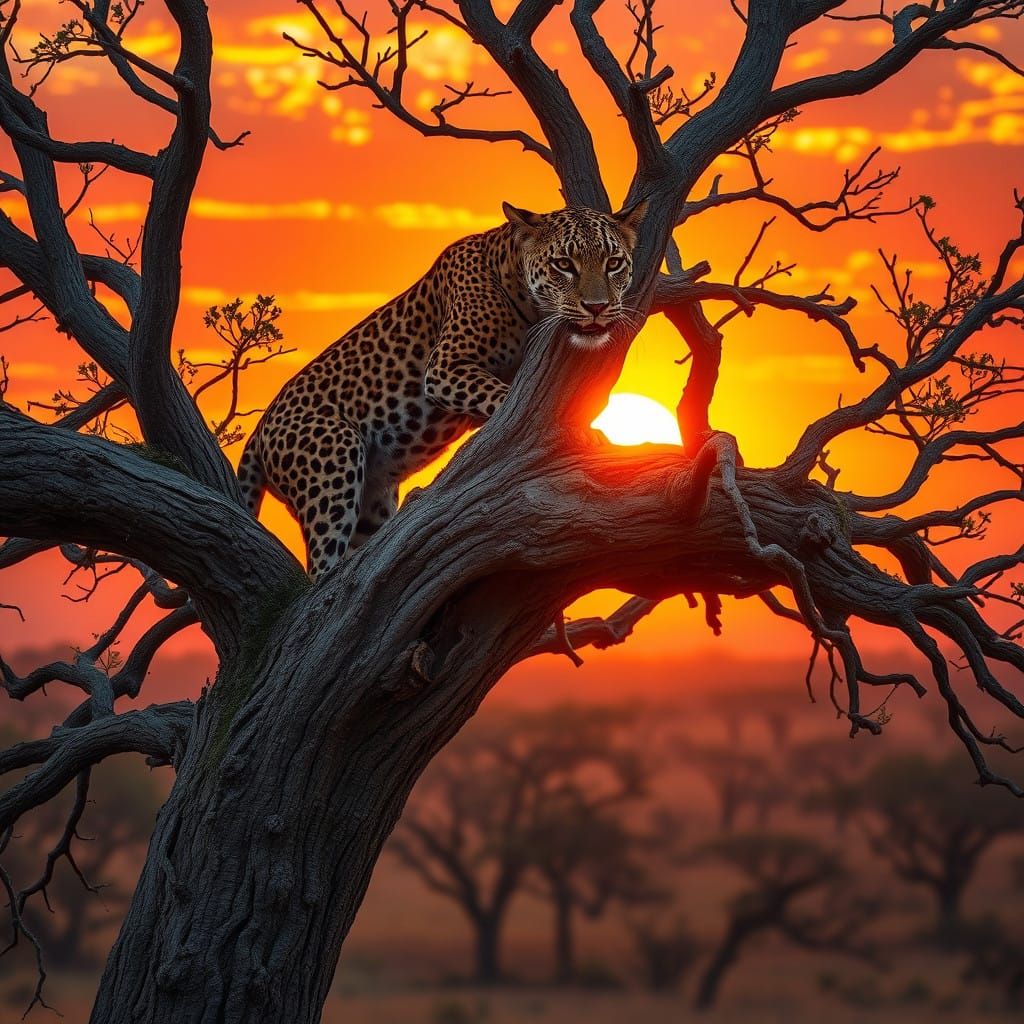 Surreal Sunset Scene with Leopard Climbing Acacia ... - AI Art