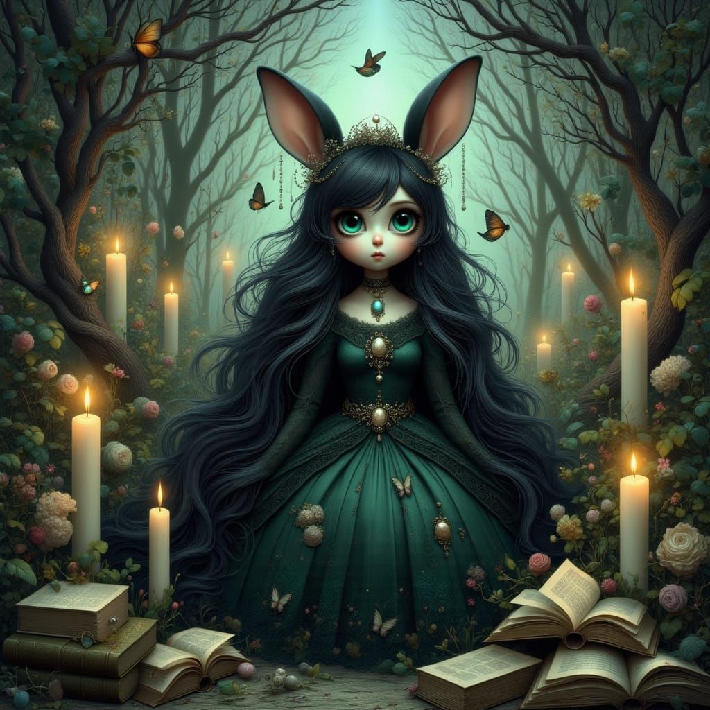 Goth Bun - Whimsical Gothic Bunny Amidst Ancient Tomes