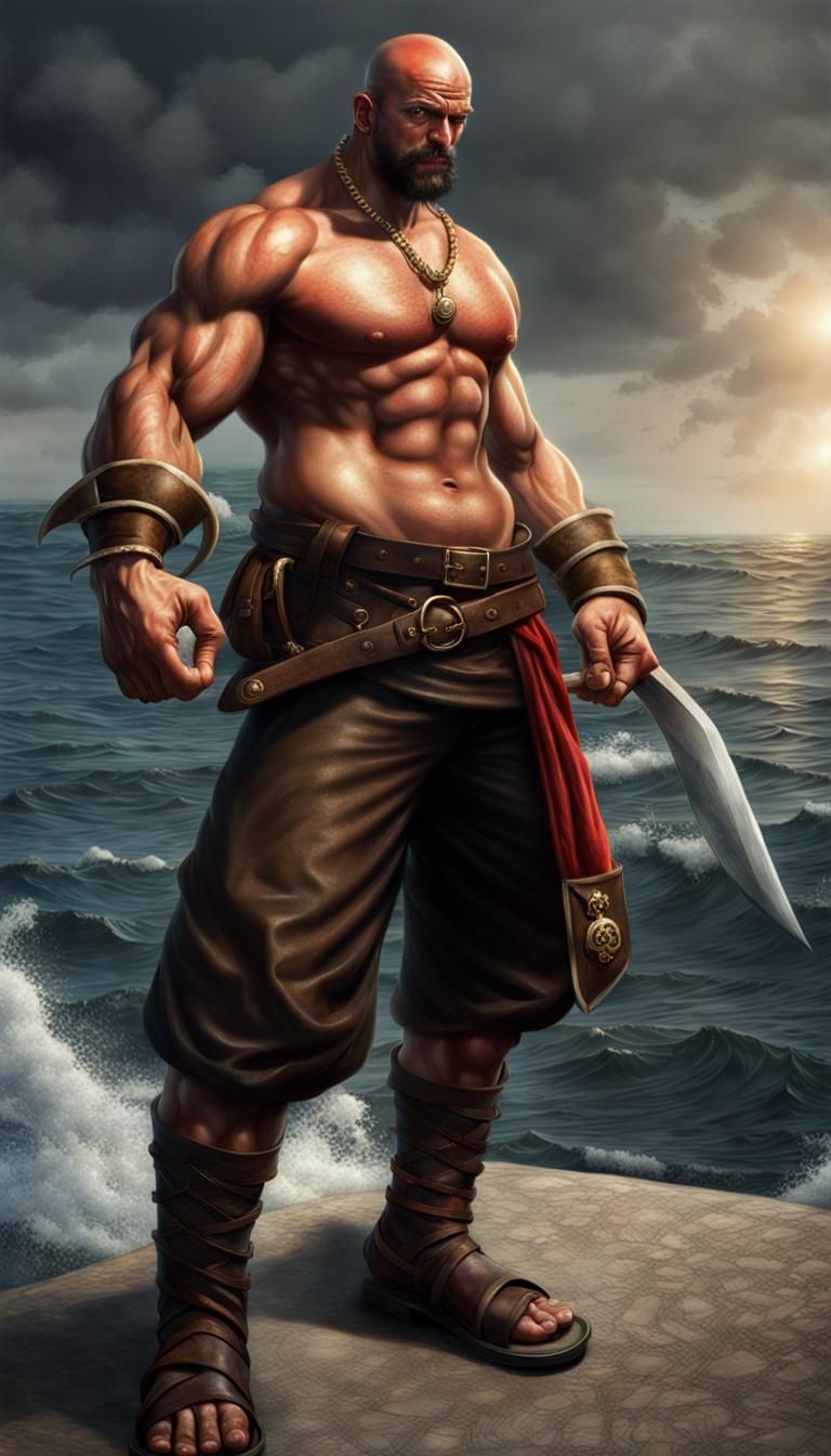 angry pirate, heavyset, tall, very muscular, bald, dark stubble, long ...