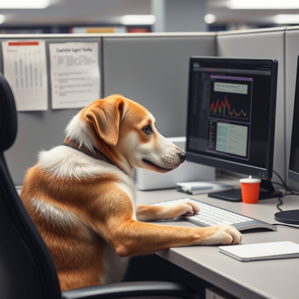 Dog at work - Dog in Office Cubicle Working on Computer