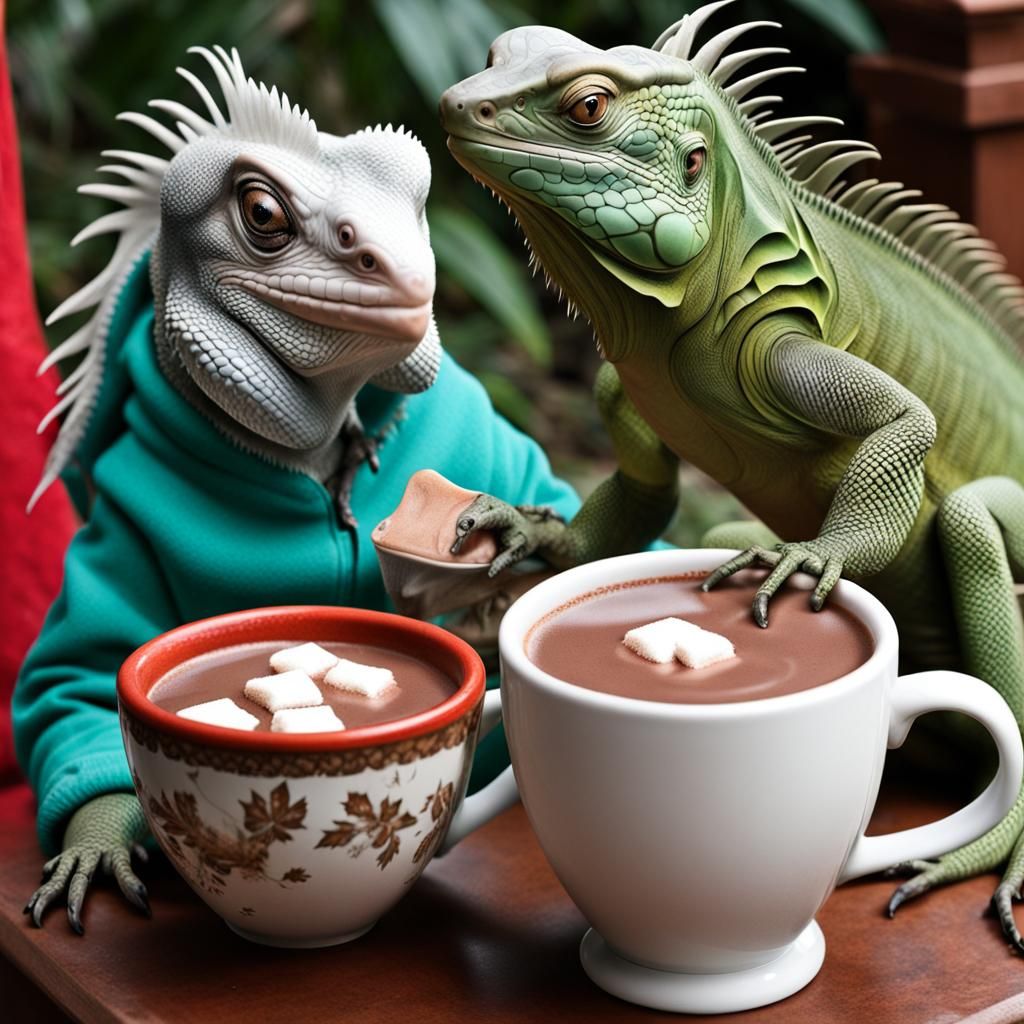 Sant, hot cocoa, pet iguana - AI Generated Artwork - NightCafe Creator