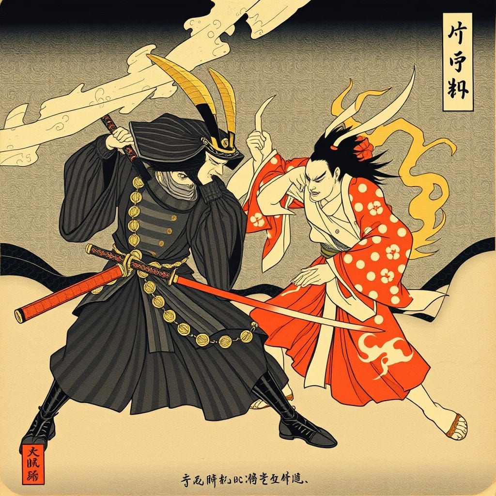 Luta de um samurai contra um oni e um yokai. Arte japonesa tradicional ...
