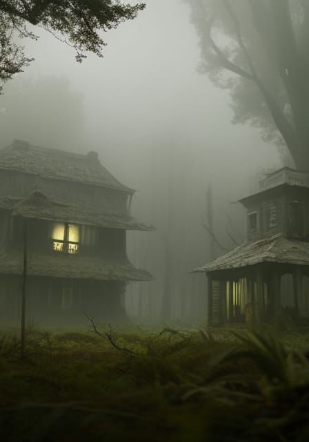 a long forgotten building overgrown with foliage overlooking a swamp ...