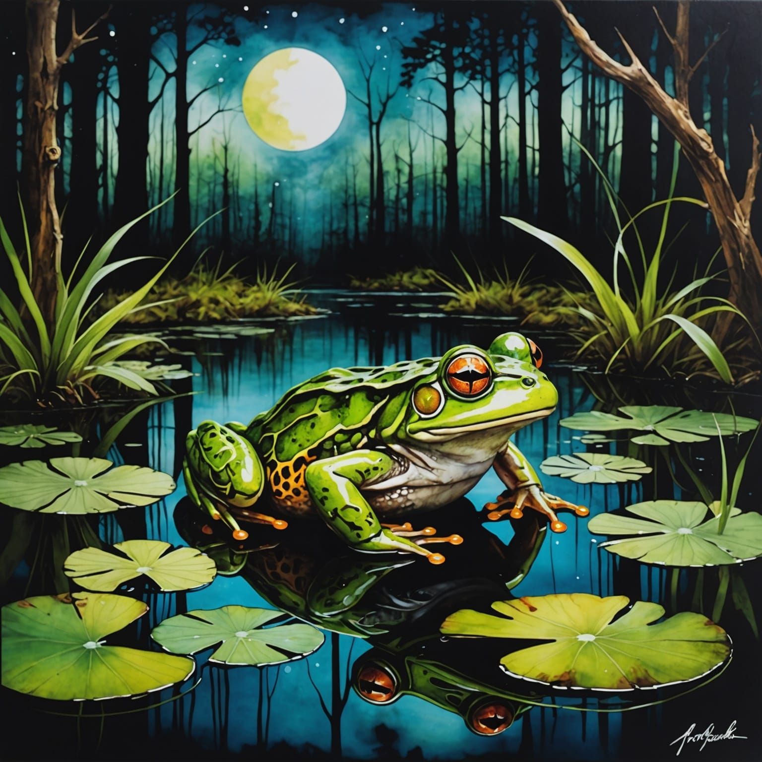 Frog in the deep dark swamp, alcohol ink art - AI Generated Artwork ...