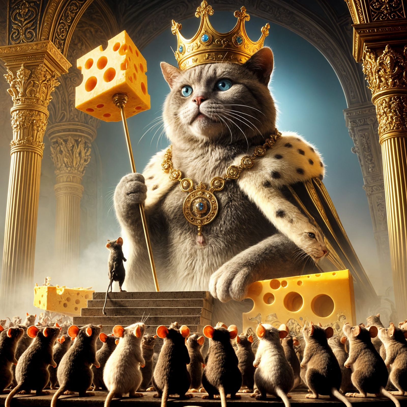 A regal, larger-than-life cat monarch, adorned with an ornate gold ...