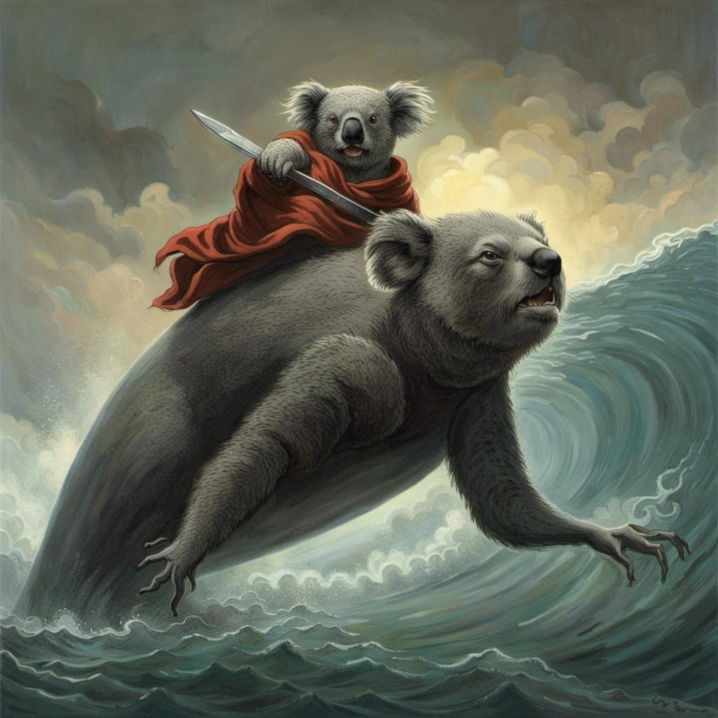an angry koala with a sword in a hand, riding on a whale to his fight ...
