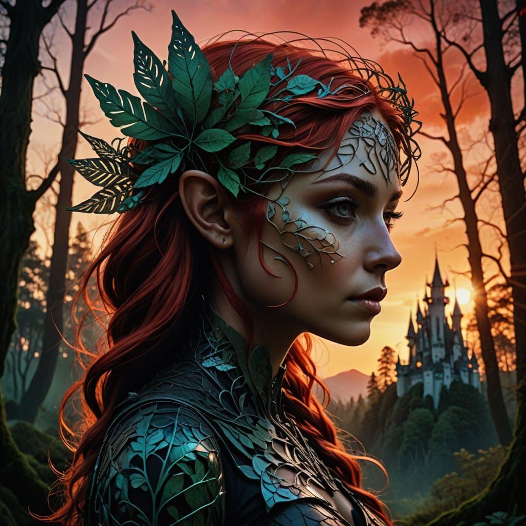 A Red Haired Elves Lady in Elf's Castle Woods at moonlight.