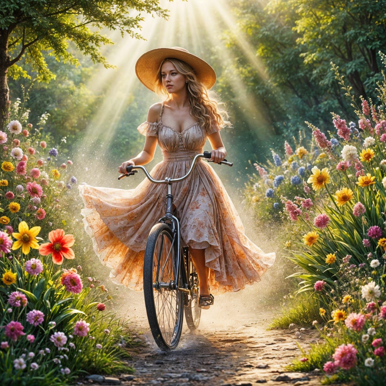 Springtime Bicycle Ride - Ethereal Springtime Goddess on Bic...