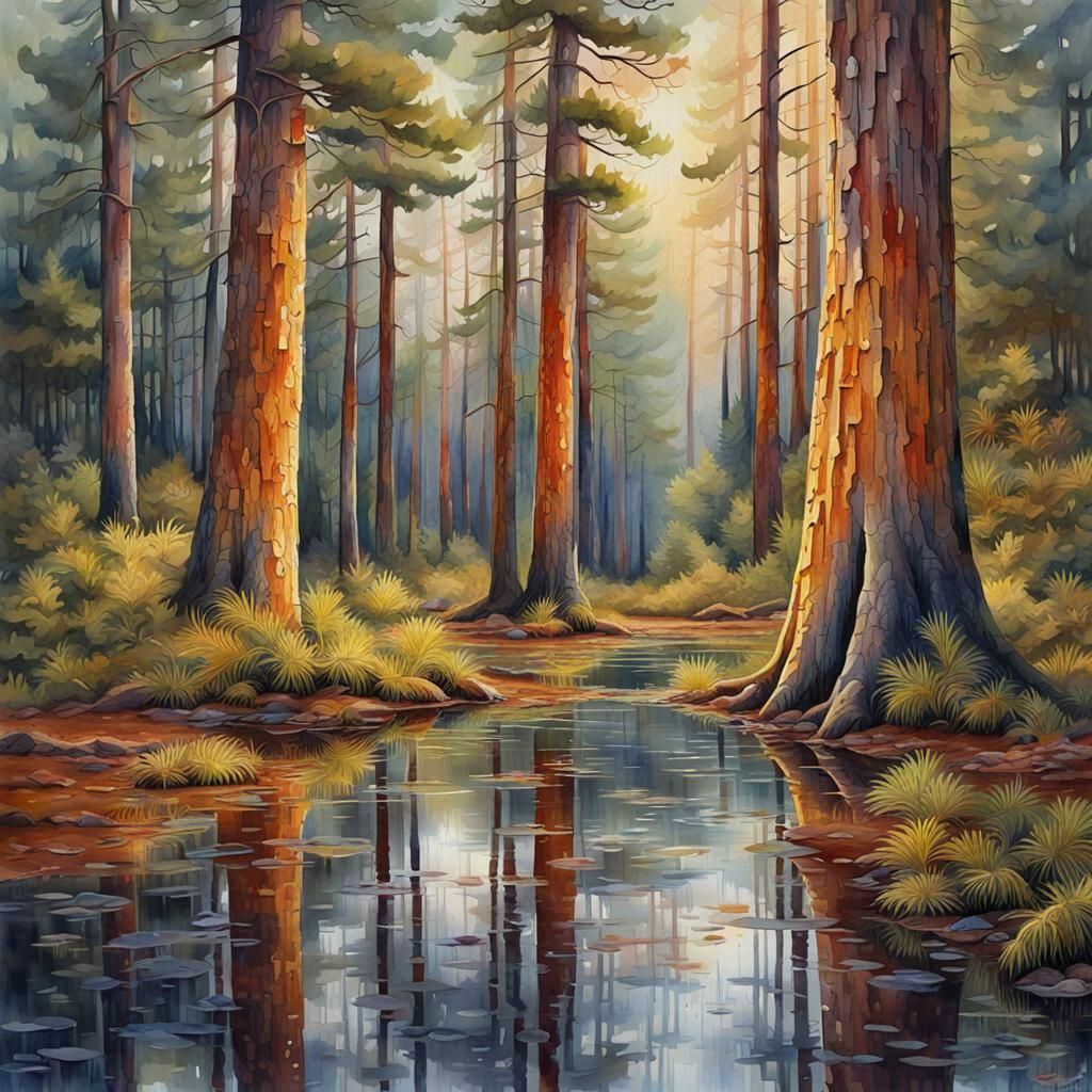 A watercolor painting of a pine forest dripping with a light rain on a ...