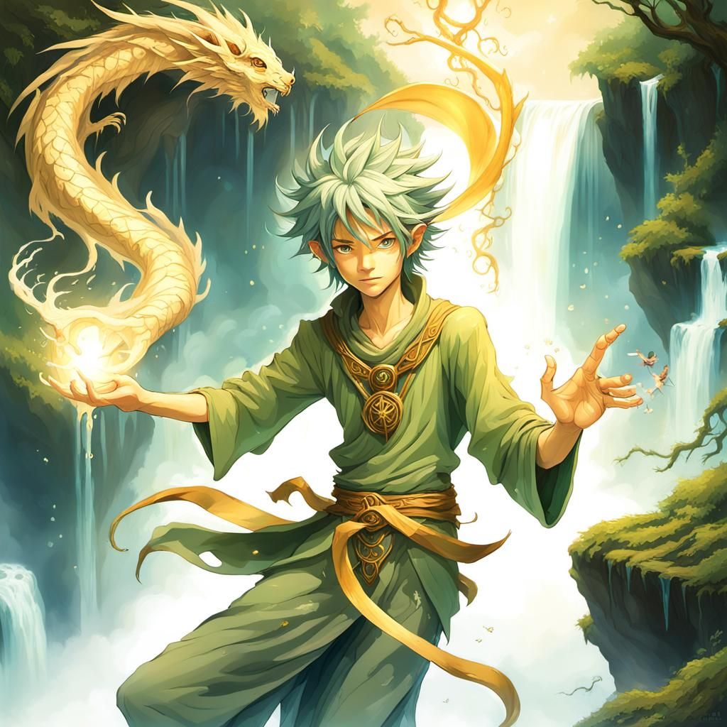 Half-Dragon Boy Mage in Ethereal Waterfall Scene - AI Art