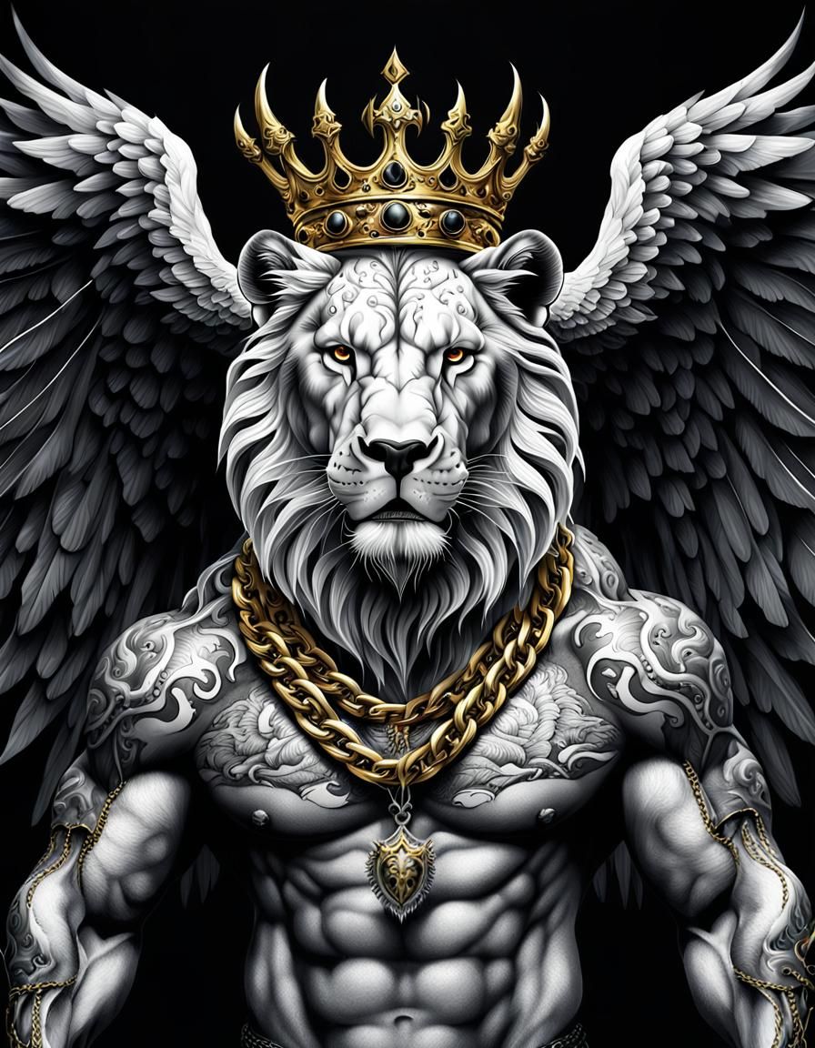 Photorealistic,Darkness incarnate attractive lion white and black ...