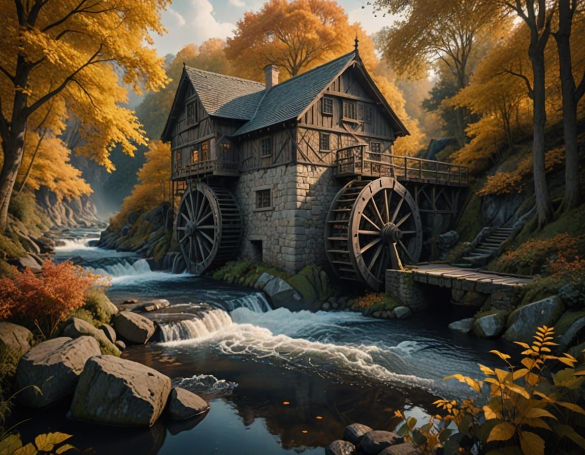 Epic Autumn Waterwheel Masterpiece in German Class... - AI Art