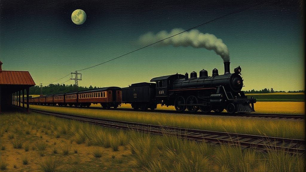 Surrealist Train Landscape with Cosmic Entities - AI Art