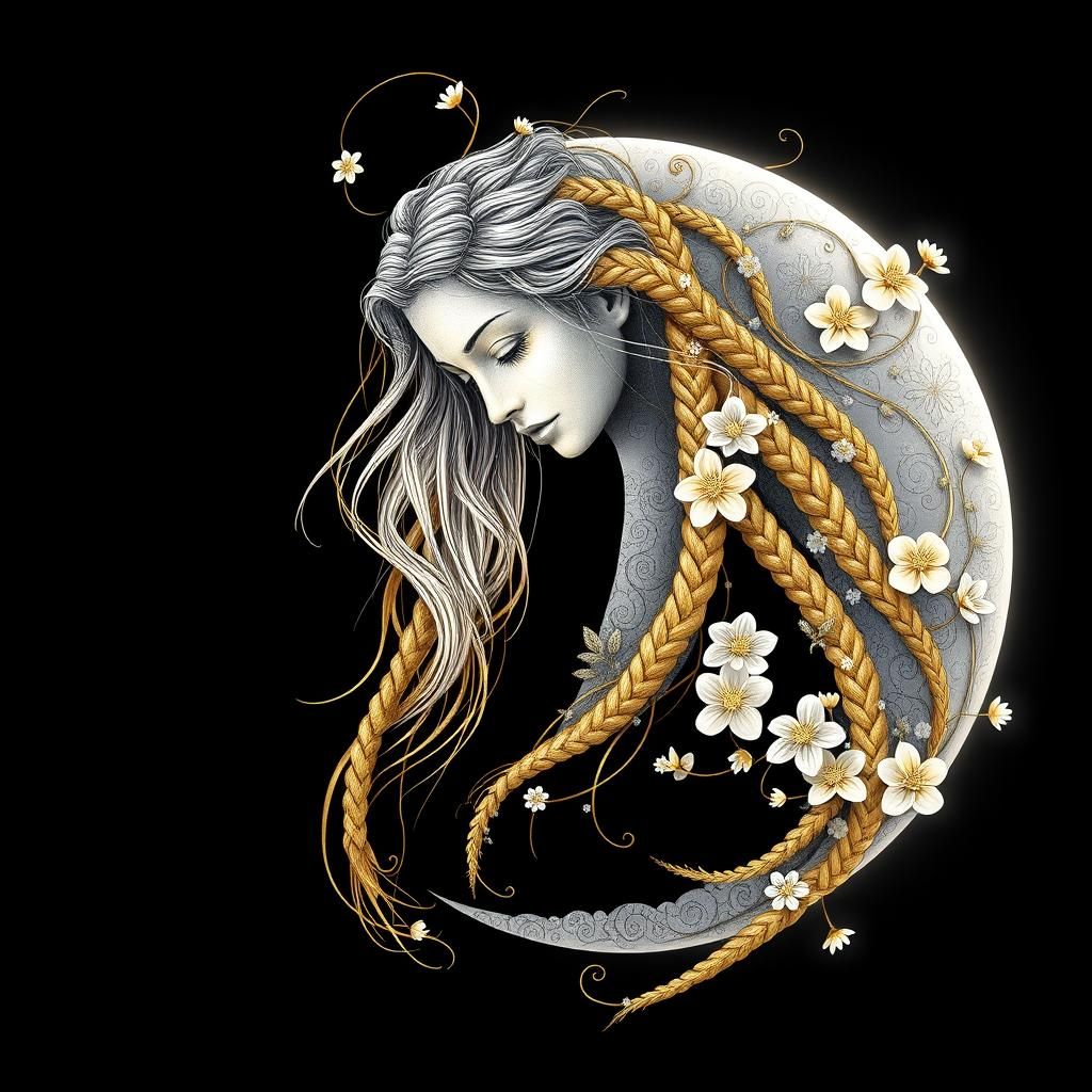 abstract zentangle 3D shape half moon, silver moon goddess, gold hair ...