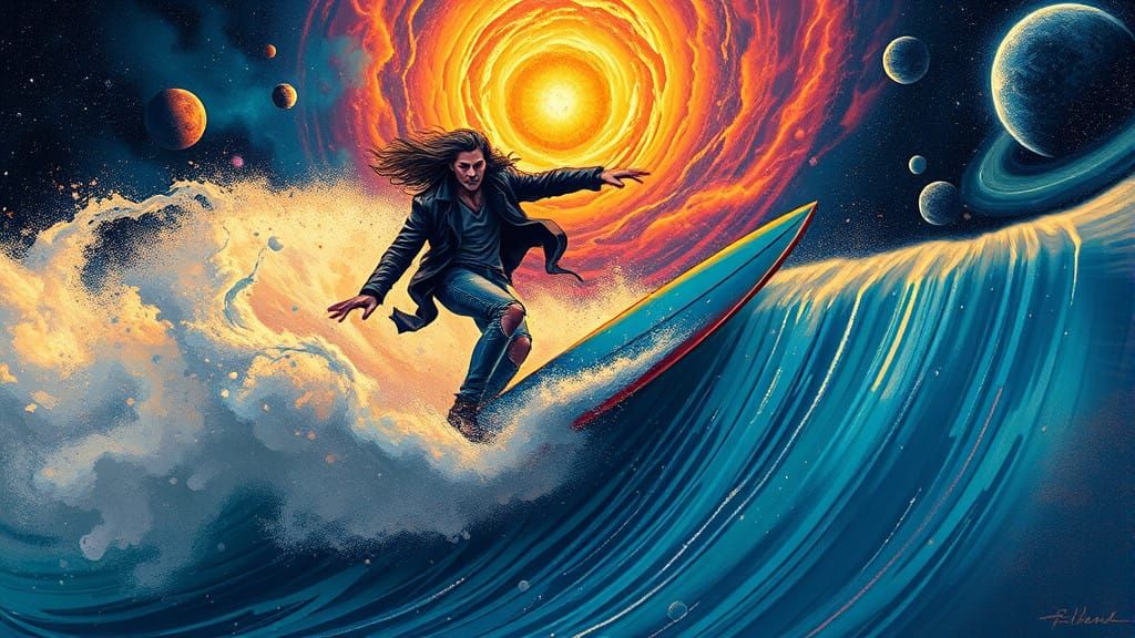 Cosmic Surfer Rides Iridescent Wave of Space Dust - AI Art