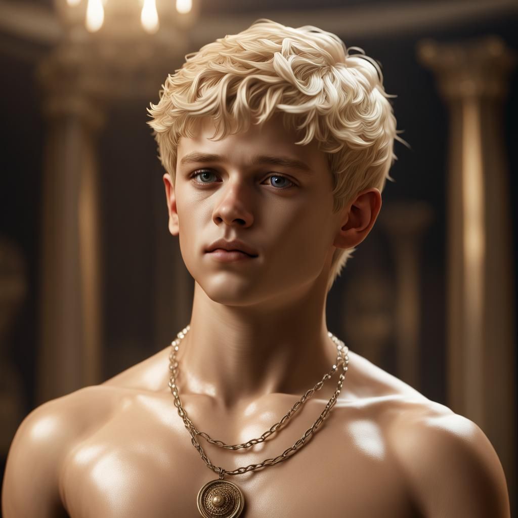 Take a picture front of blond boy adolescent necklace he is roman show ...
