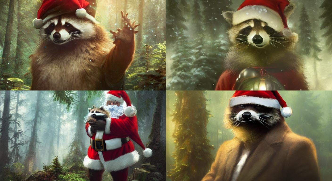 raccoon dressed as santa in amazing and green forrest, magical ...