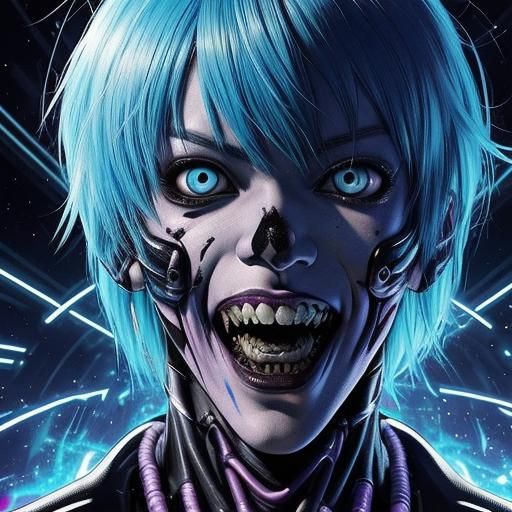 Close up of a person with blue hair and monstrous face, cyberpunk art ...