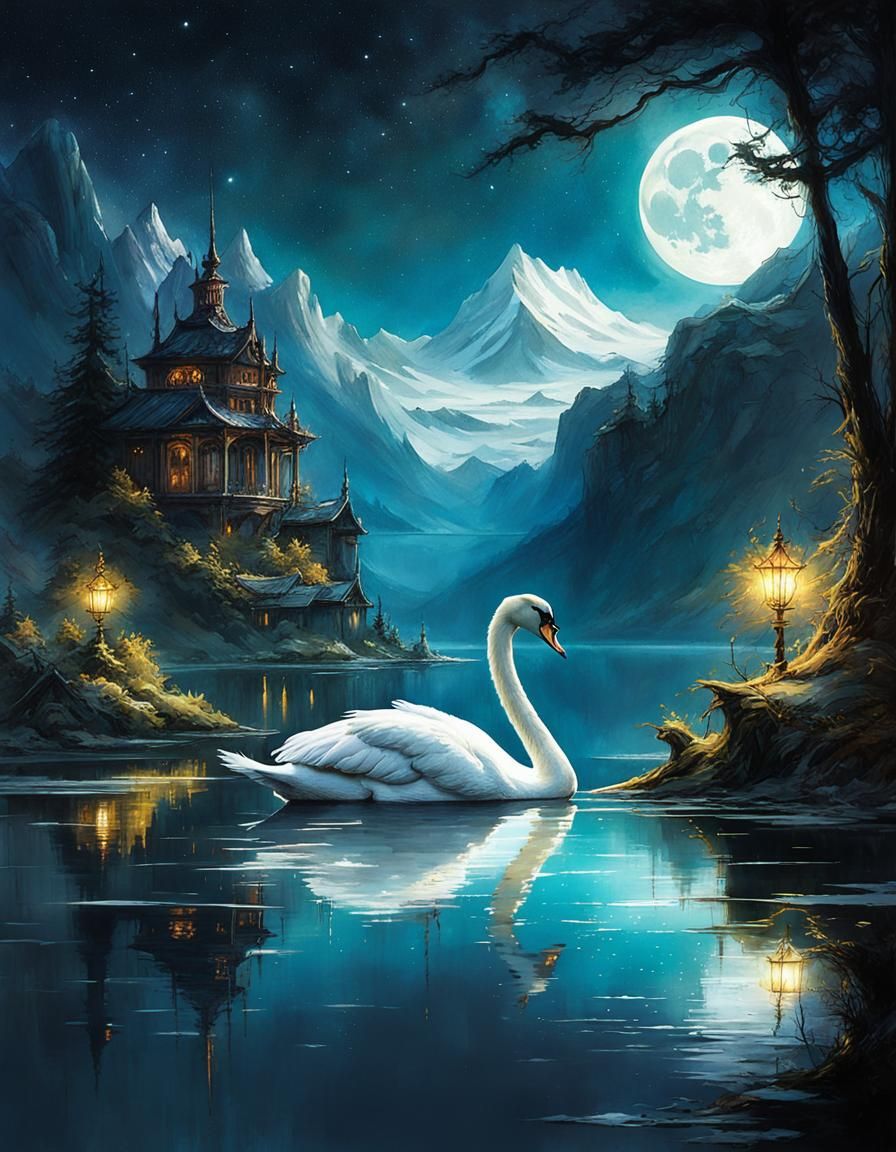 Swan in moonlight reflection - AI Generated Artwork - NightCafe Creator