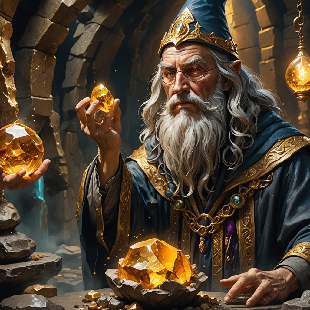 a wizard holding up a golden rock with a look of awe, in an underground ...