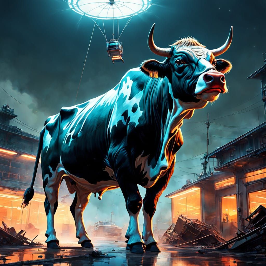Cow in Mid-Air Parachute Leap, Hyperrealistic Art - AI Art