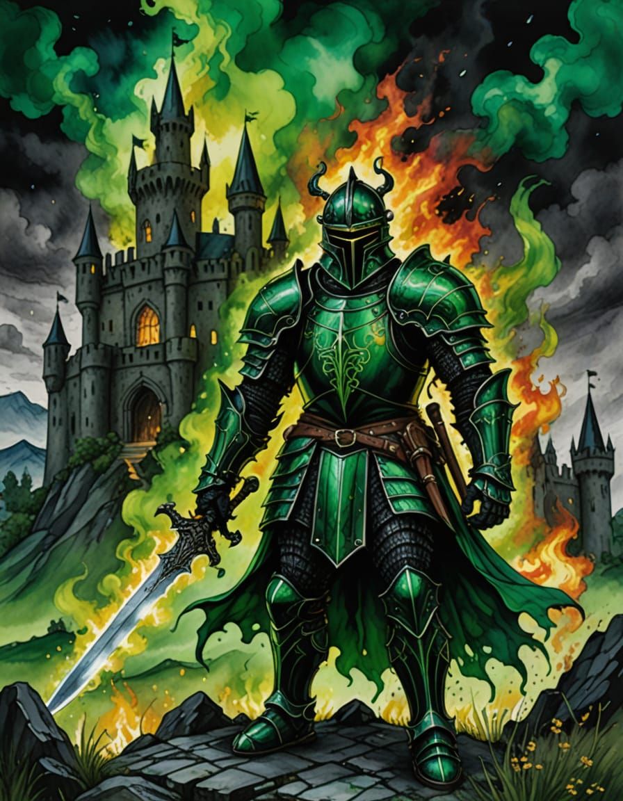 Dark Fantasy Knight with Ominous Magic Sword in St... - AI Art