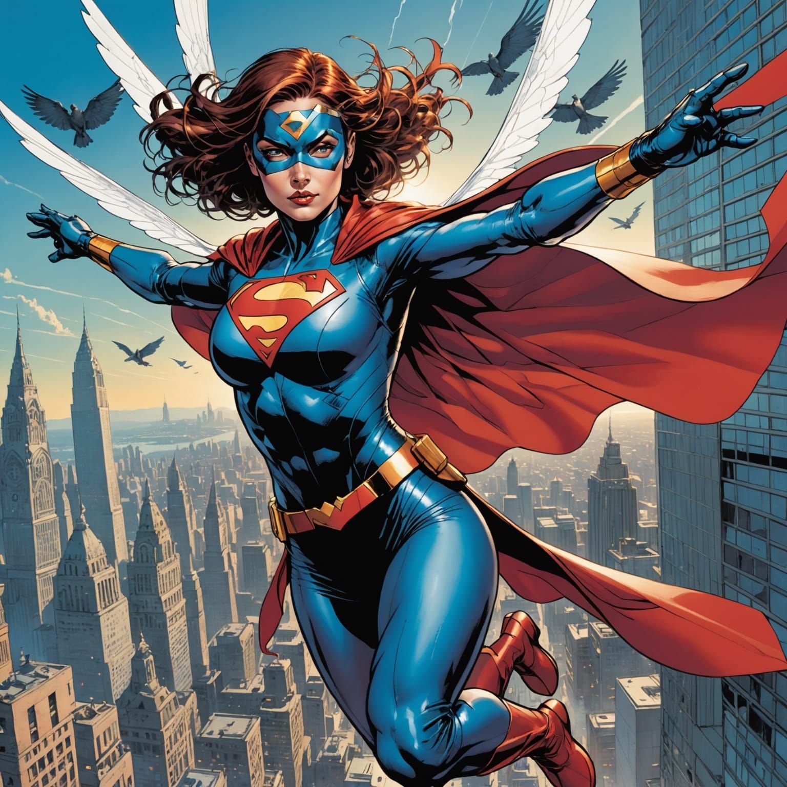 A dynamic female superhero with a winged costume and flowing cape soars ...