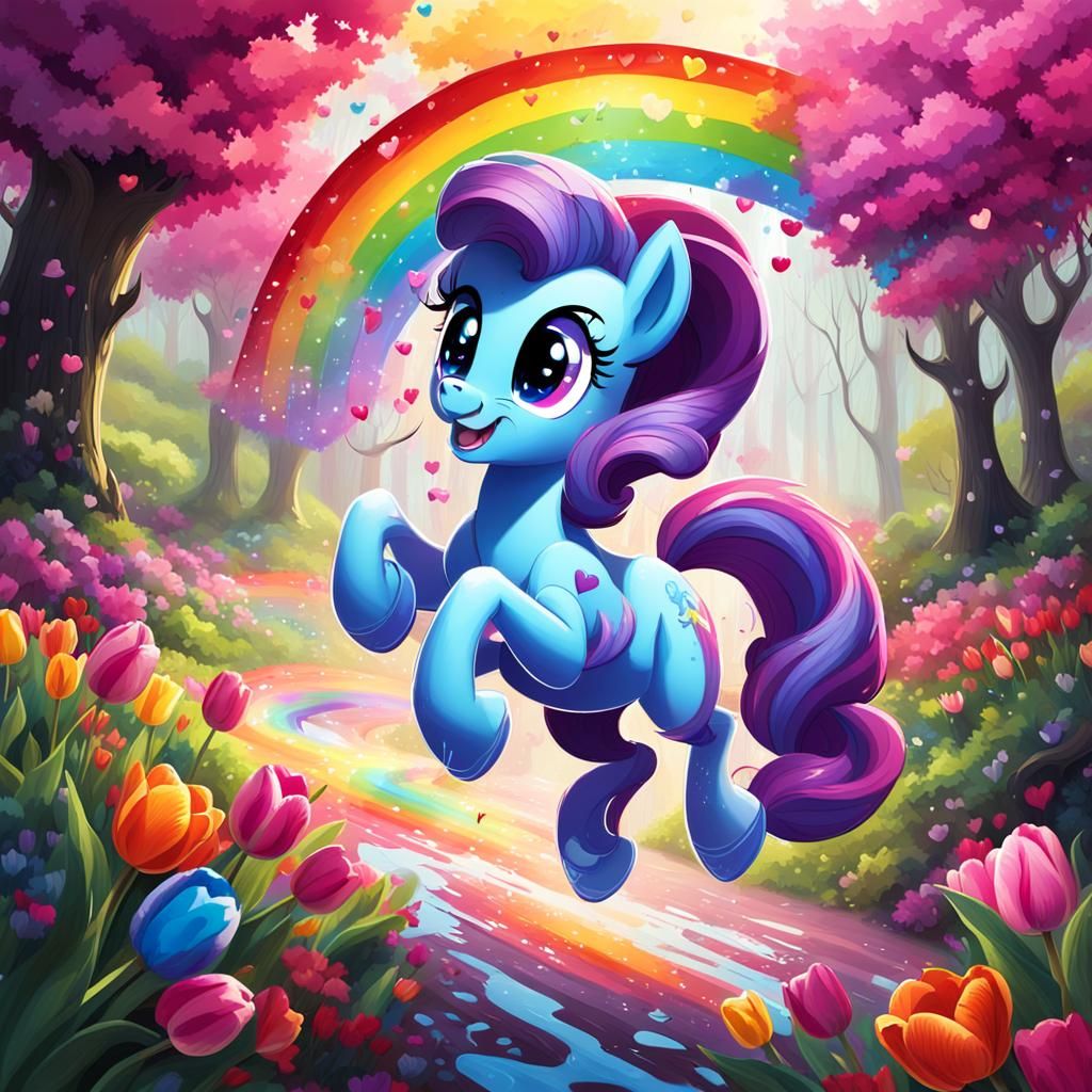 Rarity from "my little pony" running on a rainbow in woods. hearts in ...