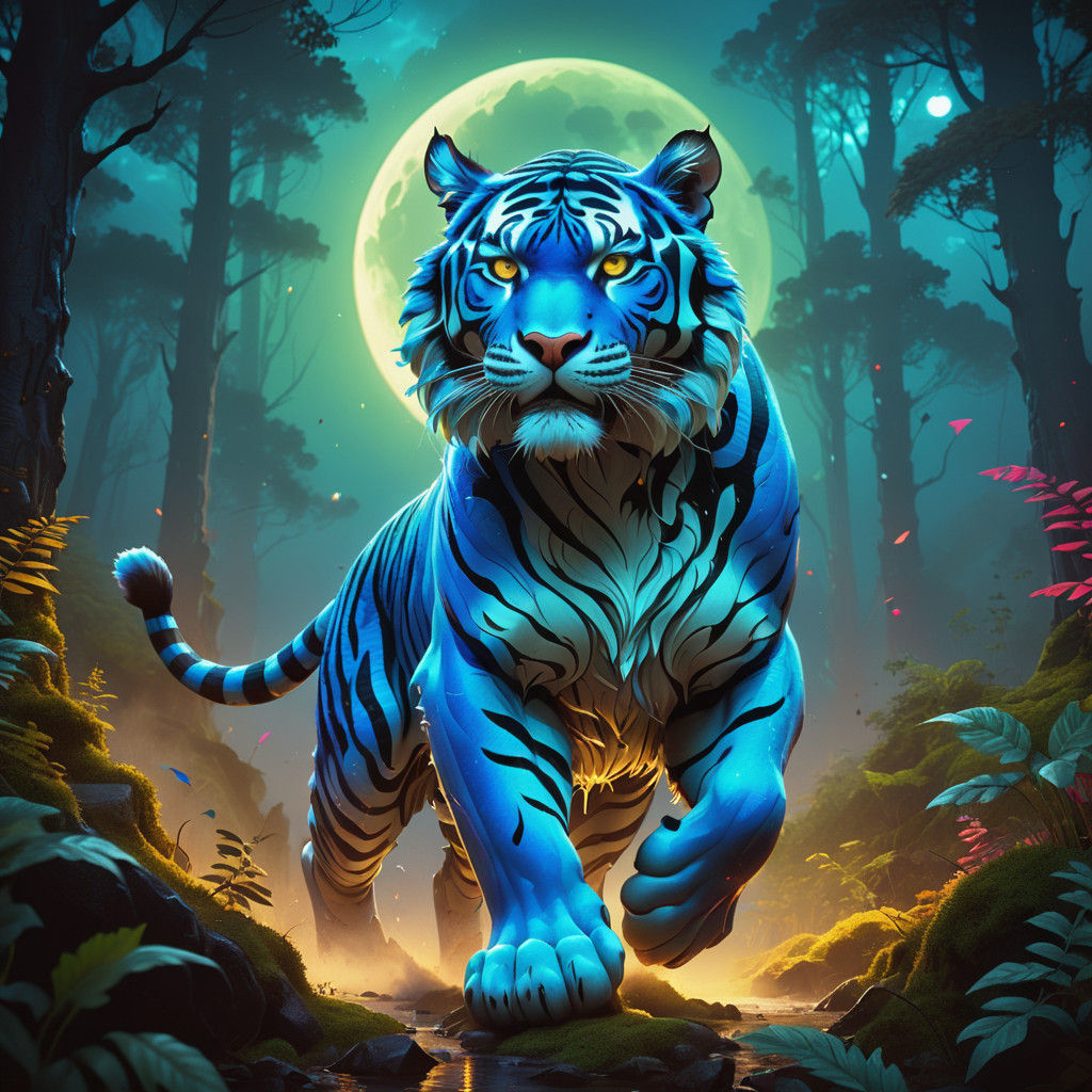 Electric Blue Tiger Stalking Through a Moonlit For... - AI Art