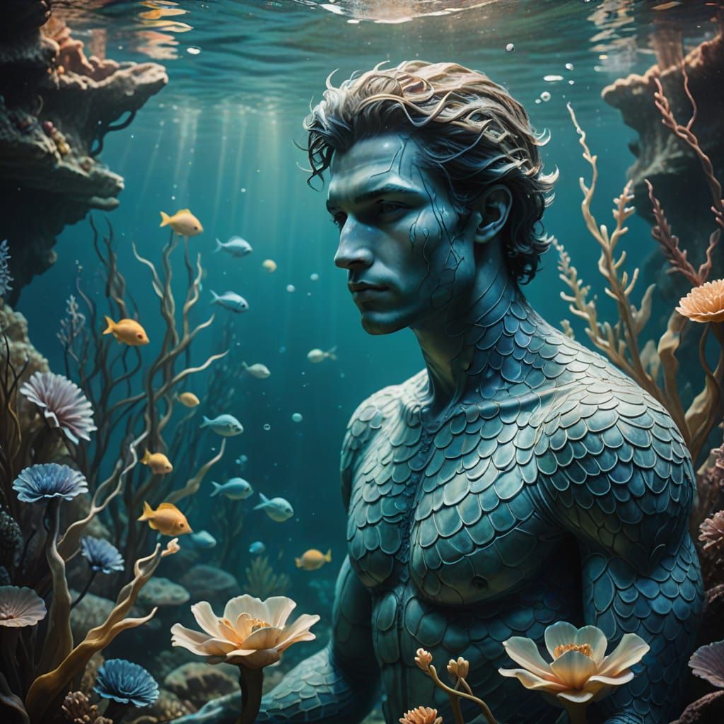 Merman with blue scales - Ethereal Merperson in Dreamy Aquat...