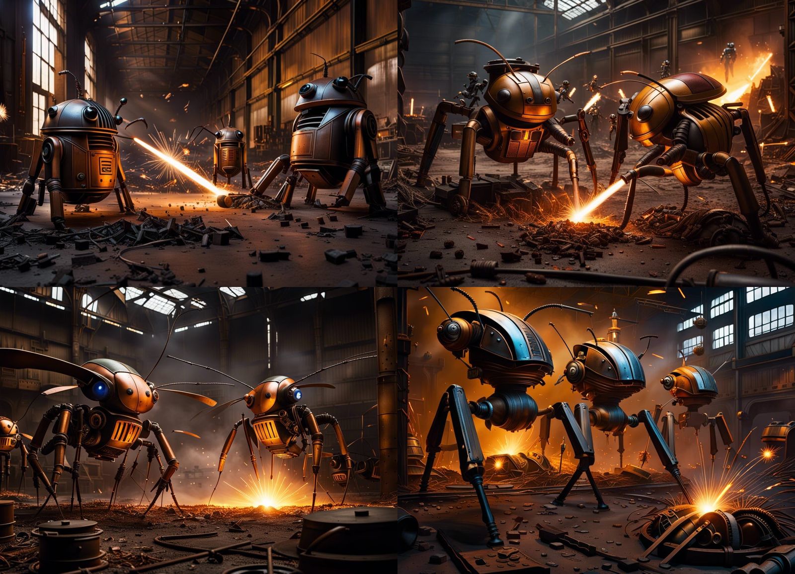 Grimey insect droid battle in rusty old factory with sparks. - AI ...