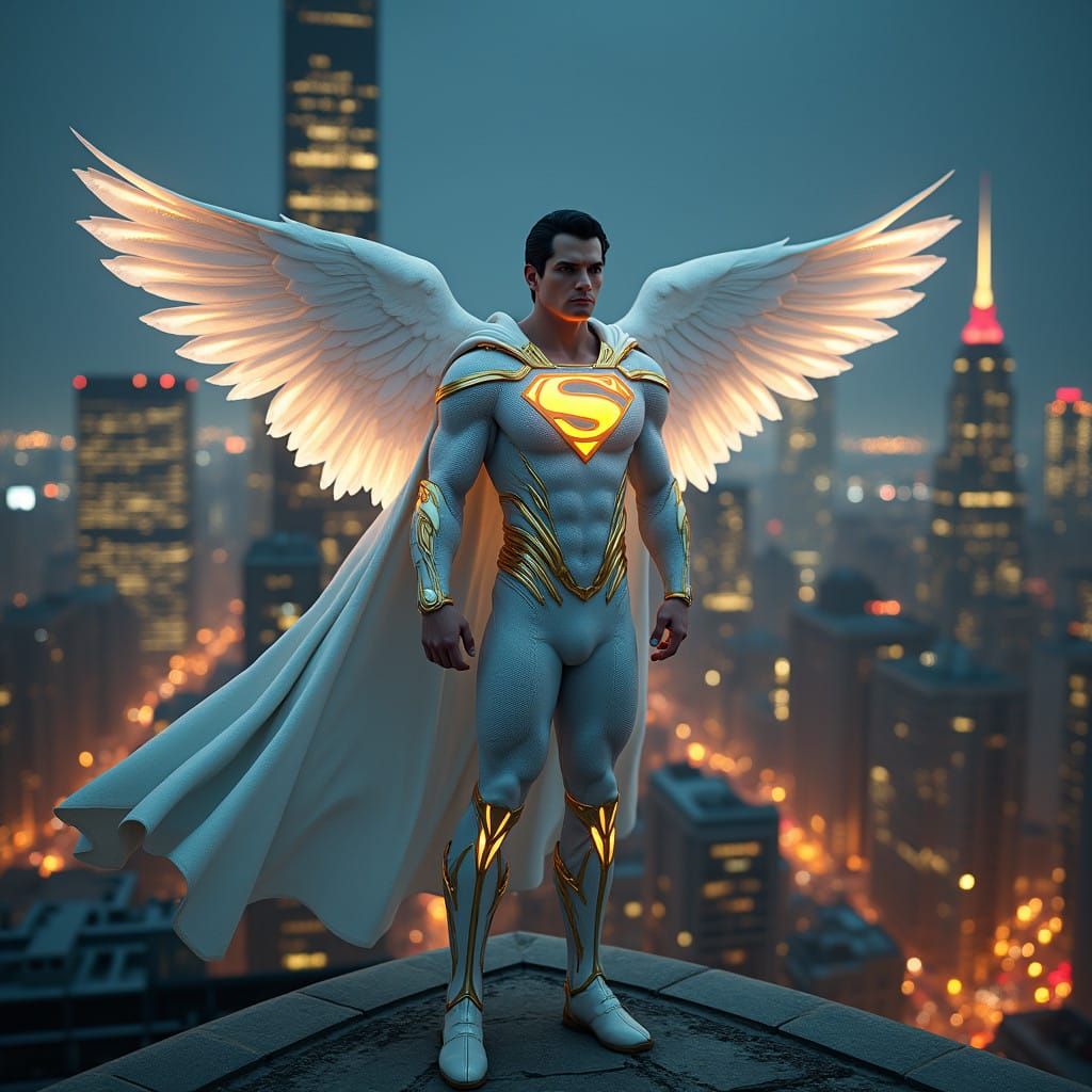 angelic Superman dressed in a futuristic white Superman uniform with ...