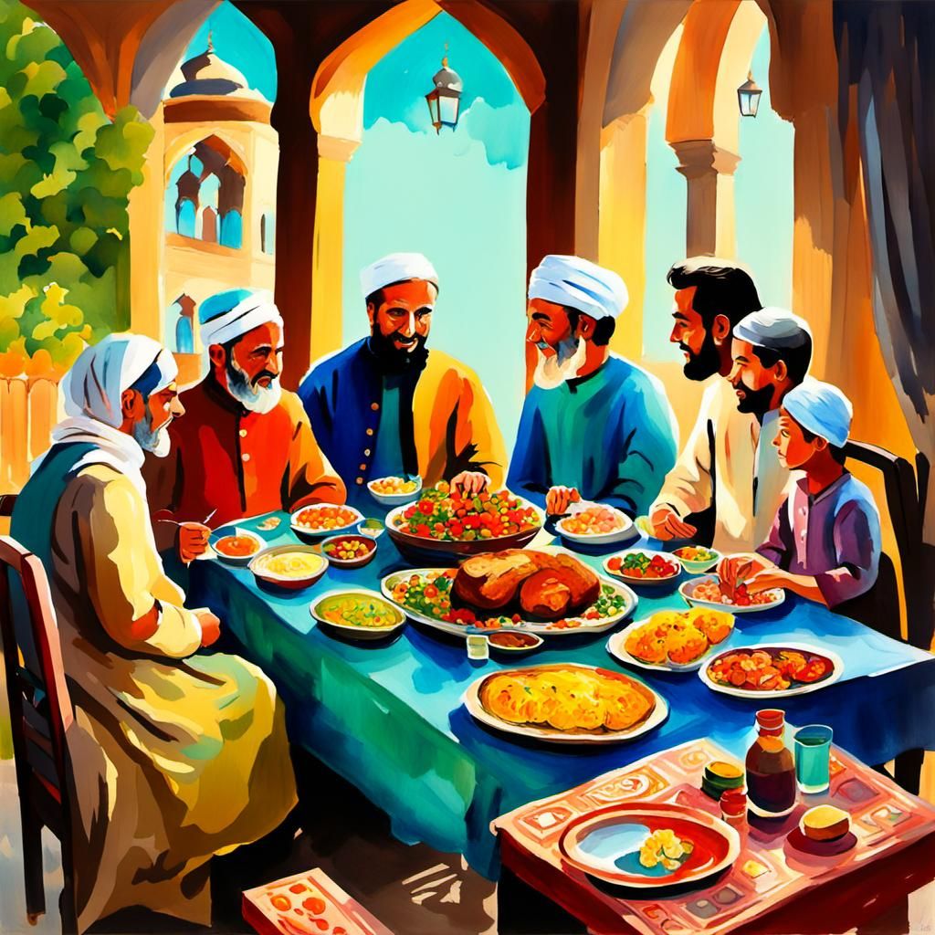 A family gathering around a beautifully decorated table for Eid feast ...