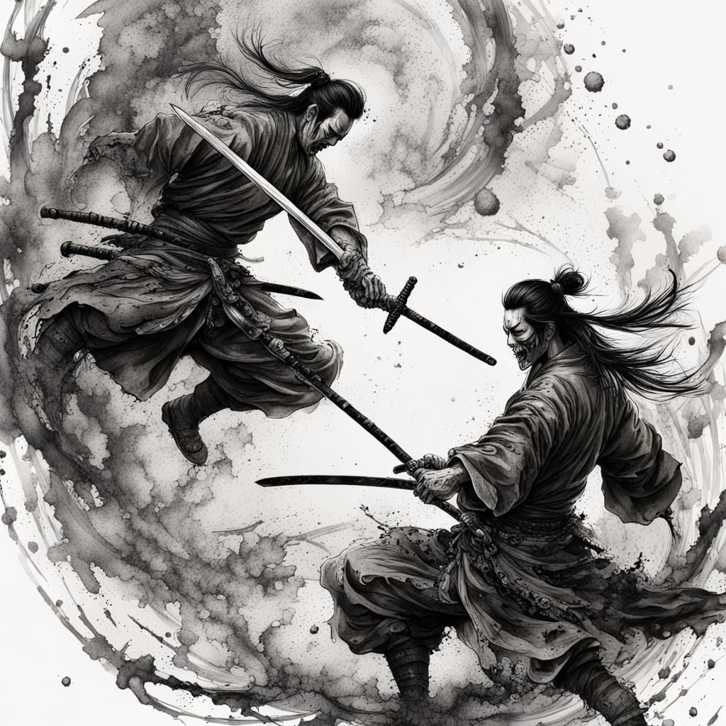 Korean Samurai twisting around - ink drawing. 1/3 angle. Yin-yang frame ...