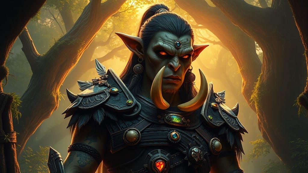 A majestic female orc warrior, adorned in tribal armor, stands proudly ...