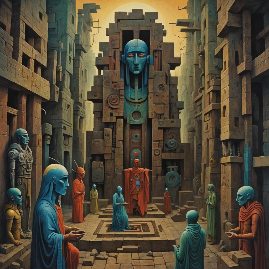 "Mayan Ritual" epic dystopian sci-fi fantasycore painting Cubism Max ...