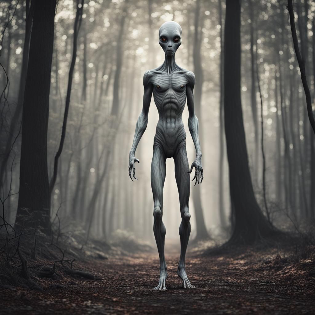 Tall grey alien, scary, humanoid, in the woods, HDR, 1440p, 8k - AI ...